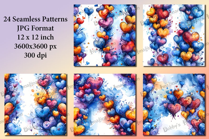 Watercolor Hearts Seamless Patterns: 12x12 in Digital Paper (JPG) - Etsy