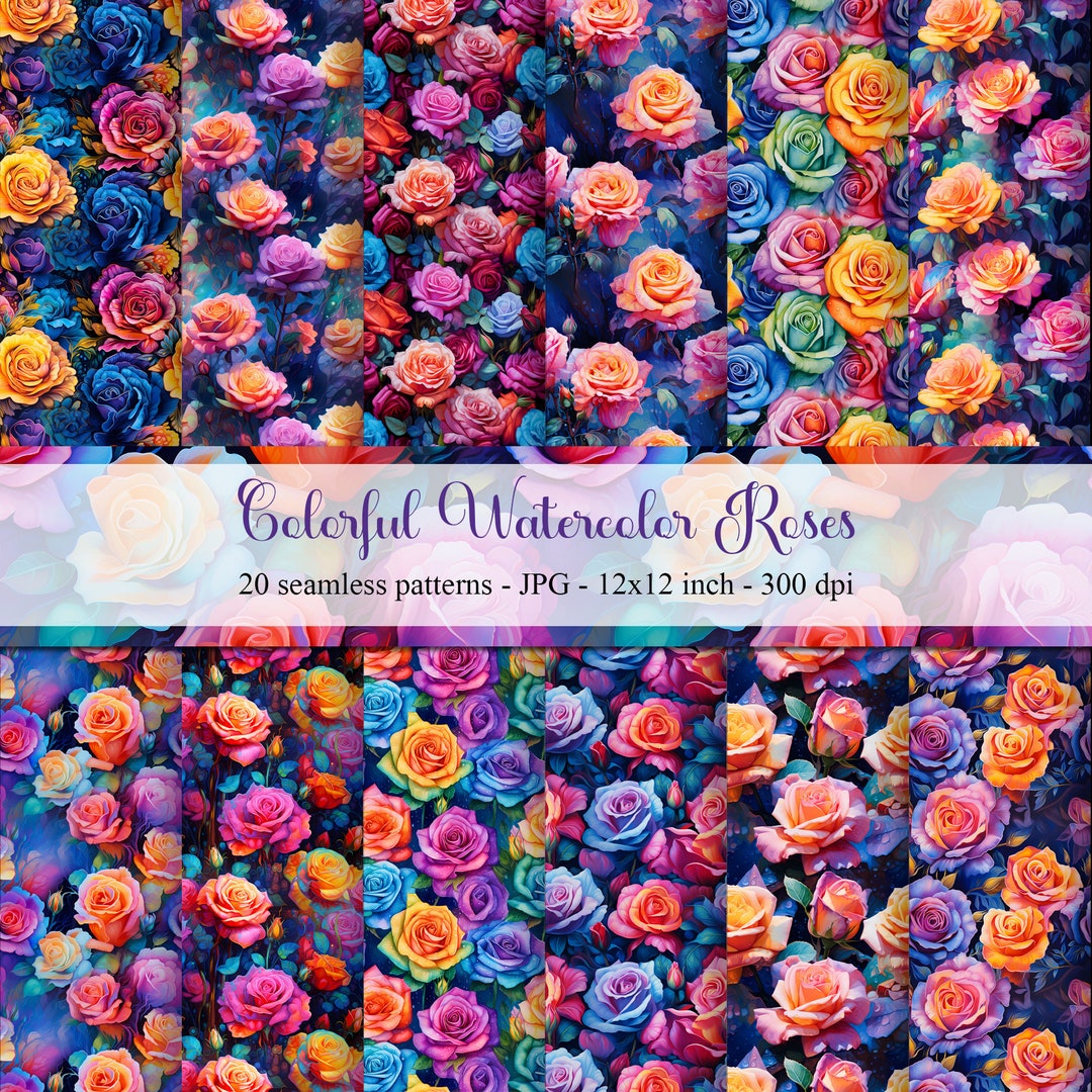 Colorful Watercolor Roses, 20 Seamless Floral Paper Patterns, 12x12in ...