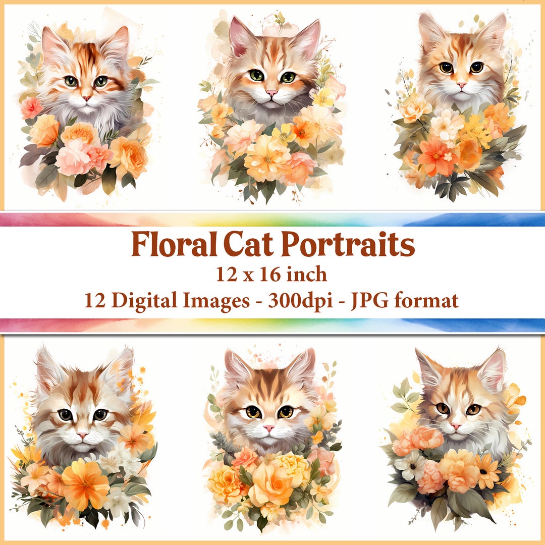 Floral Cat Portraits, 12 Cat Designs, Digital Paper Art, High Quality ...
