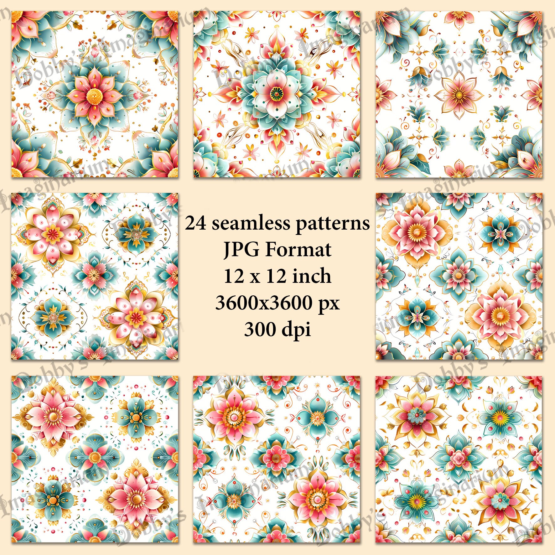 Ornamental Floral Mandala, 24 Seamless Design Patterns, Digital Paper ...