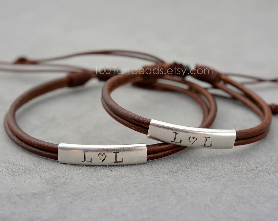 Matching Couples Bracelets Set, Custom Engraved Hidden Message Leather ...