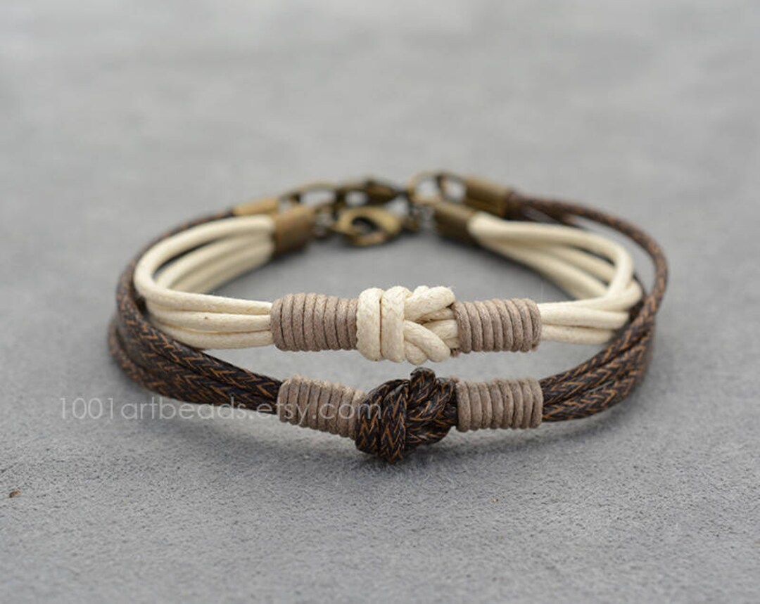 Love Knot Matching Couple Bracelets Set: Two-tone Cotton Cord Bracelets ...