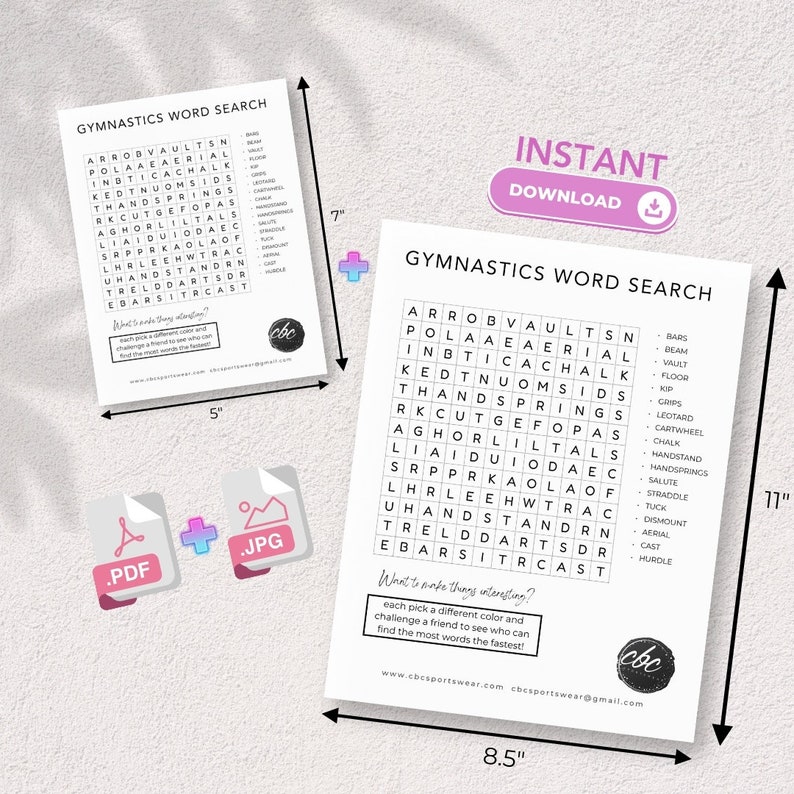 Word Search for Gymnast Activity Pages Gymnastics Party Game Printable ...
