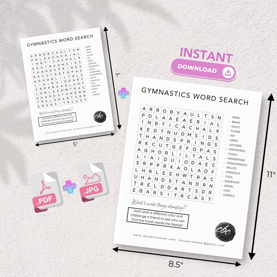 Word Search for Gymnast Activity Pages Gymnastics Party Game Printable ...