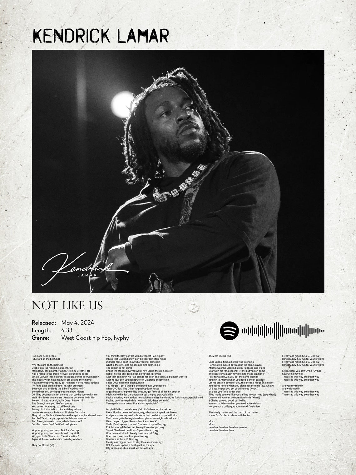 Kendrick Lamar Not Like Us Lyrics Poster, Kendrick Lamar Album Poster ...