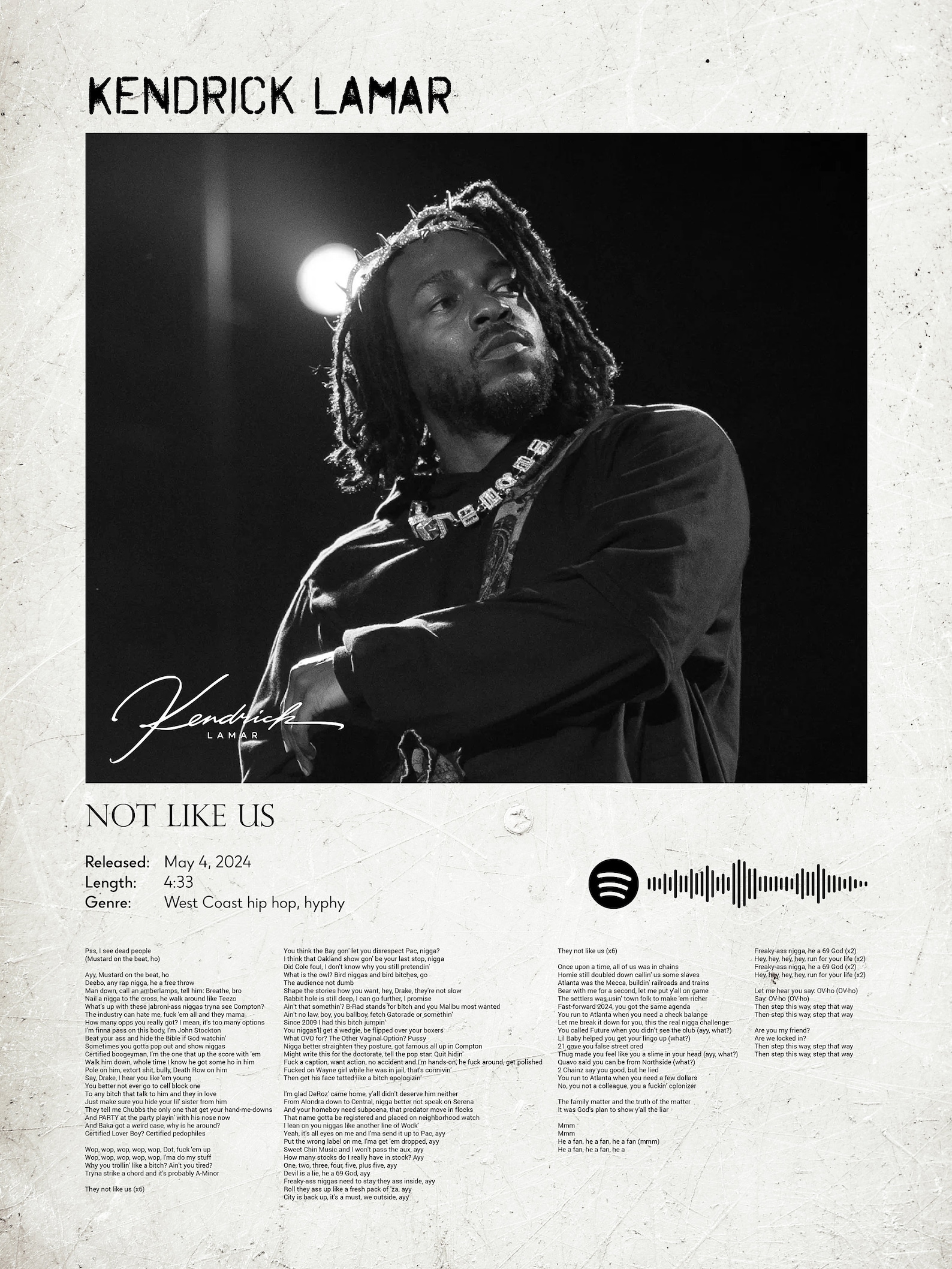 Kendrick Lamar Not Like Us Lyrics Poster, Kendrick Lamar Album Poster ...