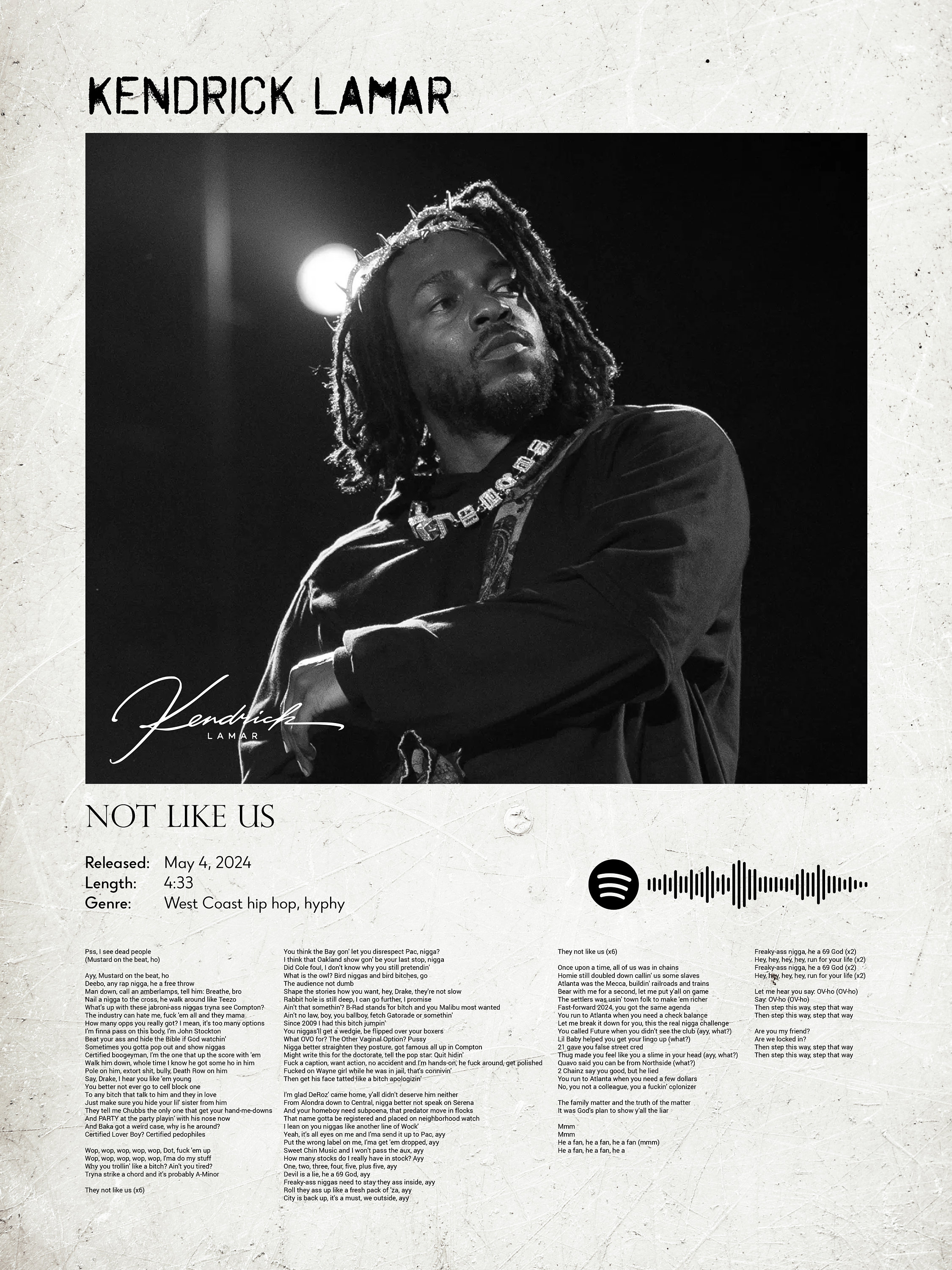 Kendrick Lamar Not Like Us Lyrics Poster, Kendrick Lamar Album Poster ...