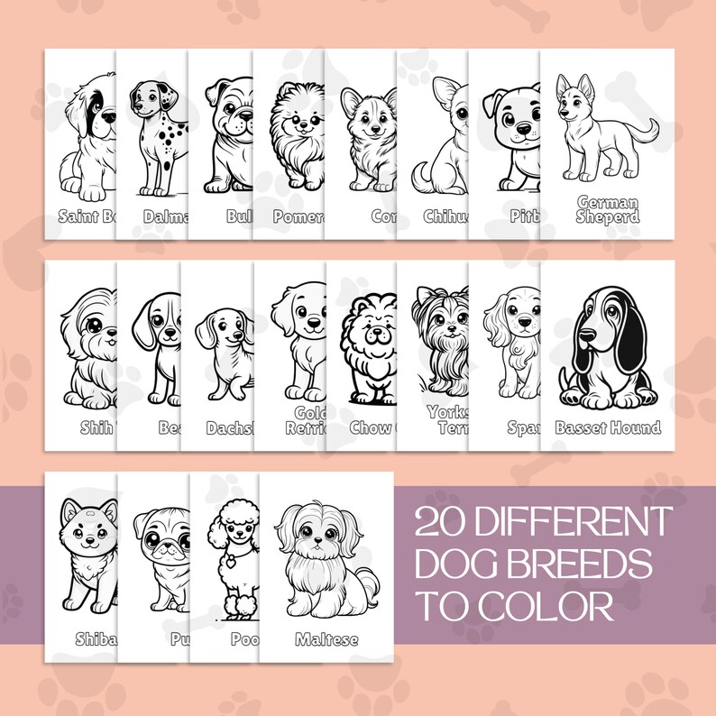 20 Pages Dog Breeds Coloring Book, Printable PDF, A4 & Letter Sizes ...