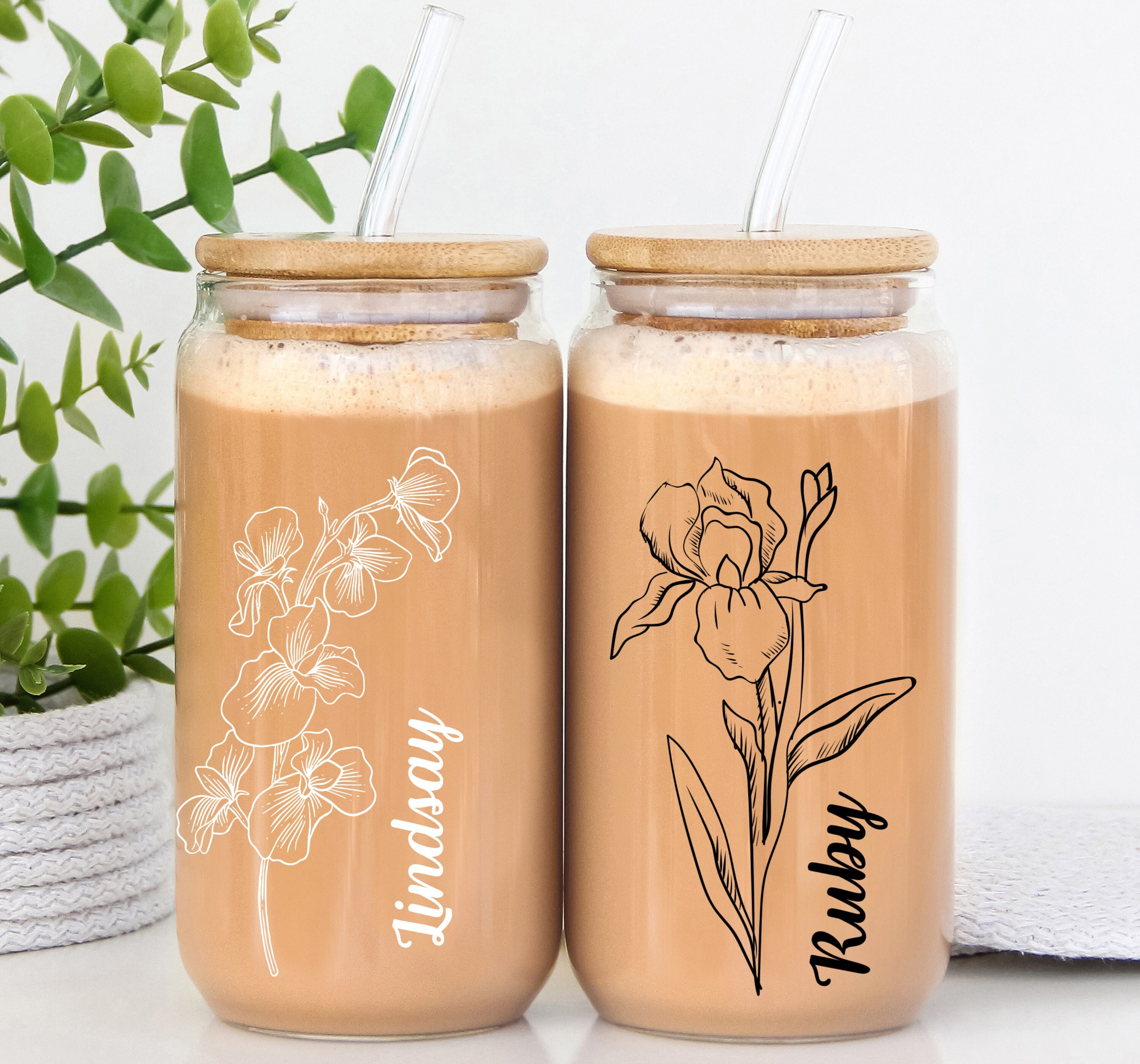 Personalized Birth Month Flower Iced Coffee Cup, Custom 16oz Glass Cup ...