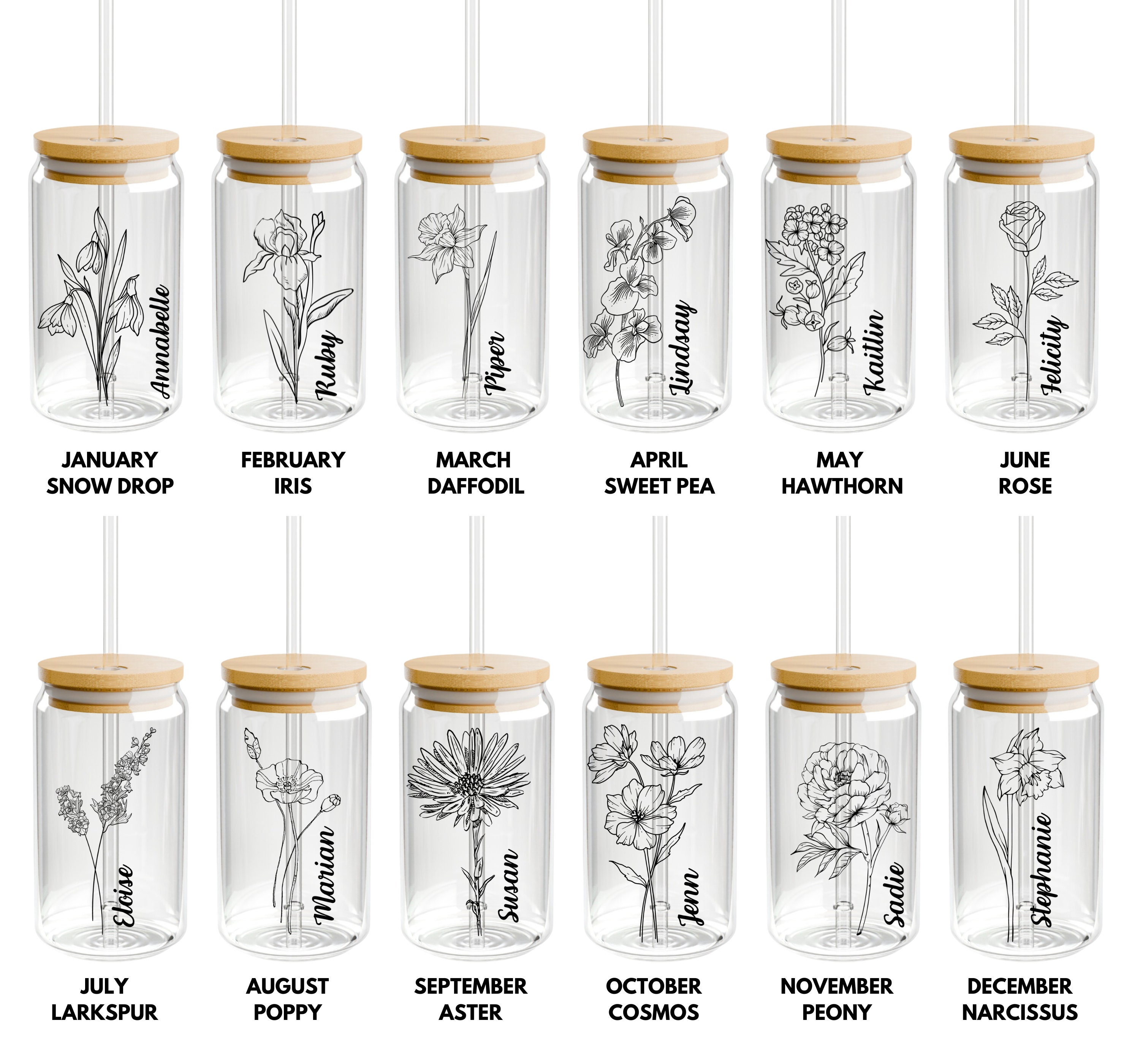 Personalized Birth Month Flower Iced Coffee Cup, Custom 16oz Glass Cup ...