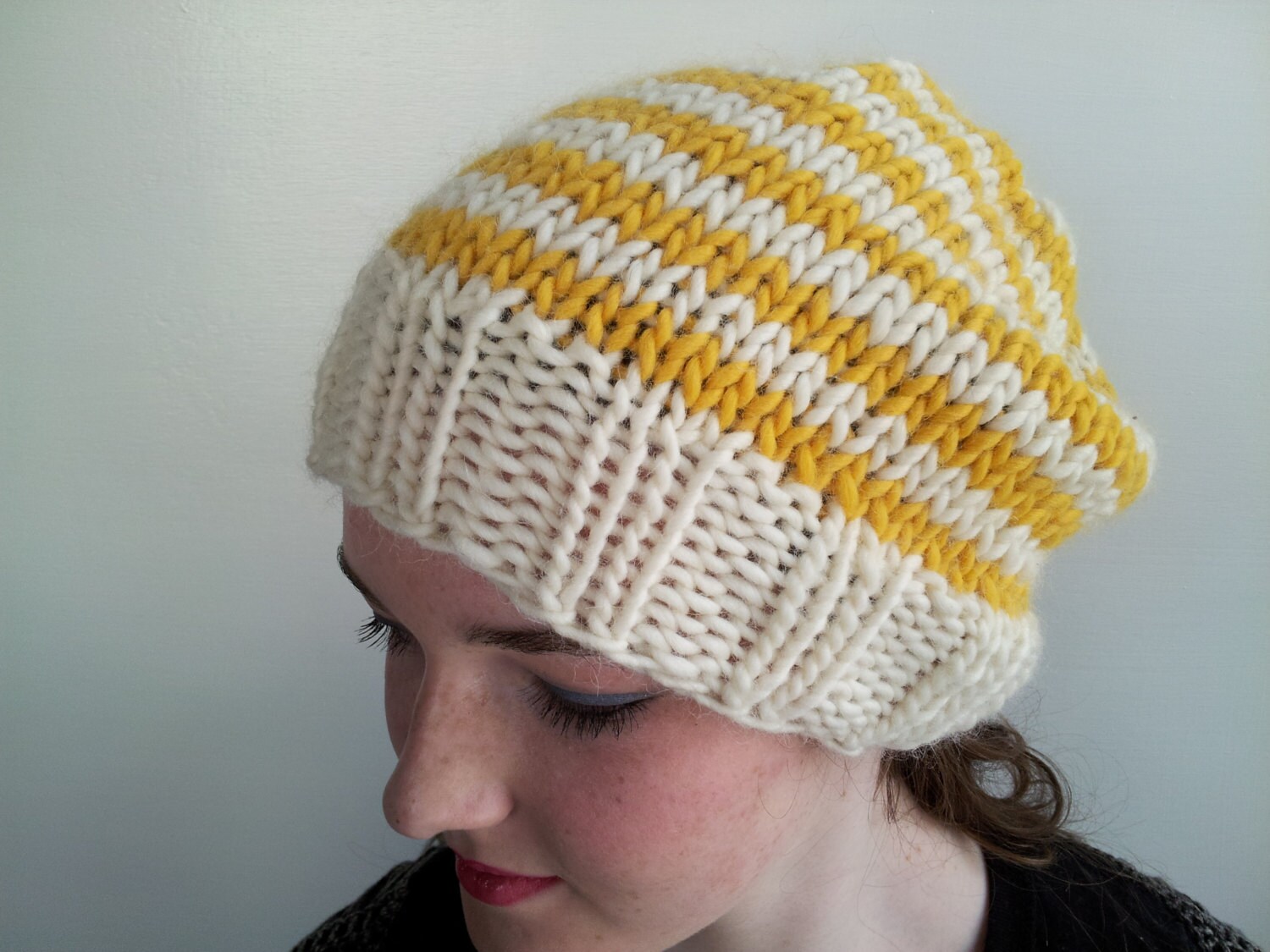 Handknit Hat in Alpaca and Wool. Yellow and Cream Stripes. - Etsy
