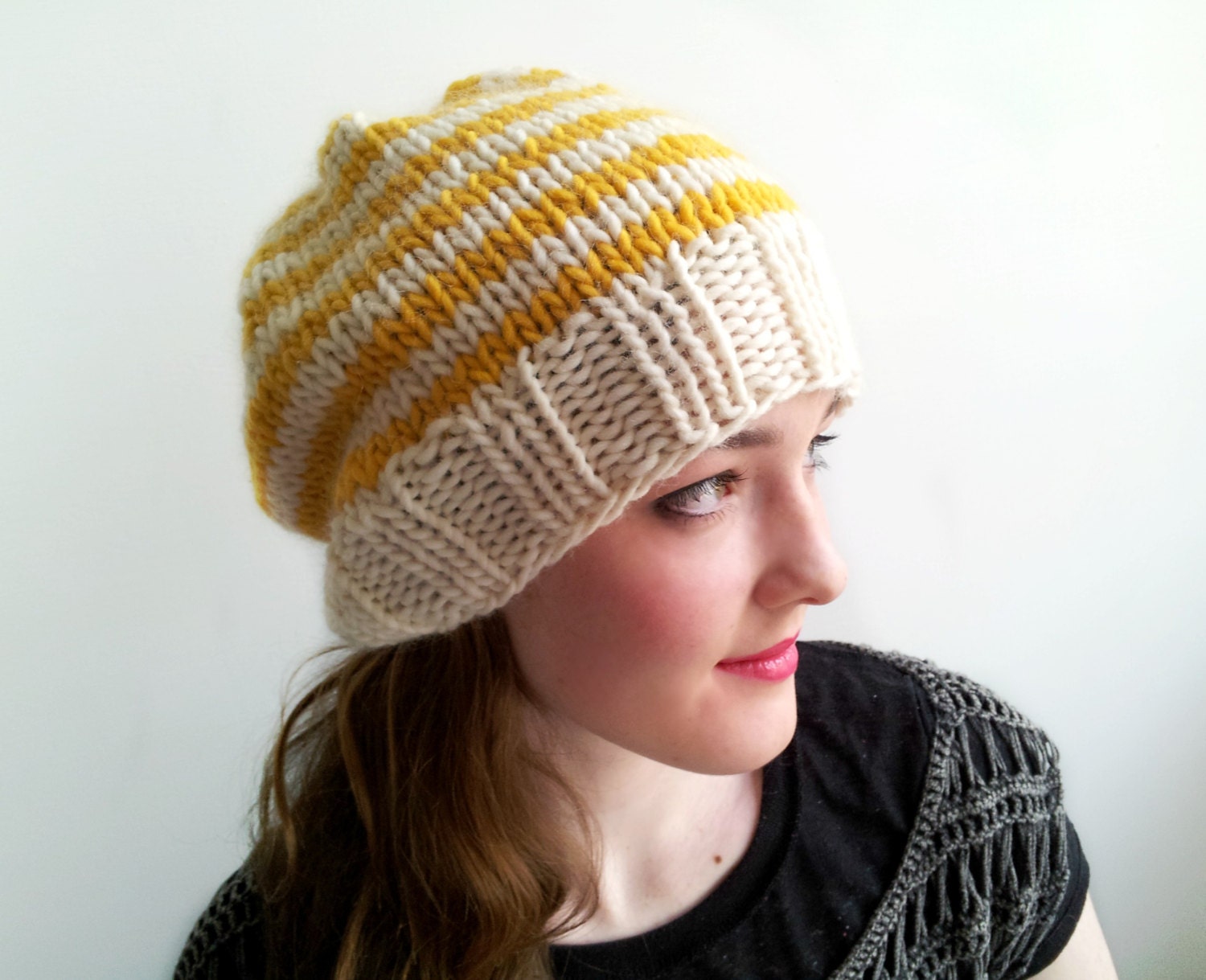 Handknit Hat in Alpaca and Wool. Yellow and Cream Stripes. - Etsy