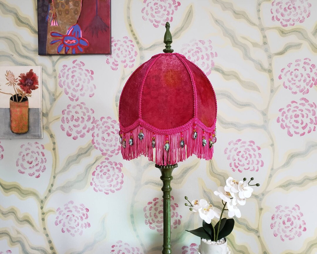 Magenta Velvet Lampshade With Fringe and Beads - Etsy