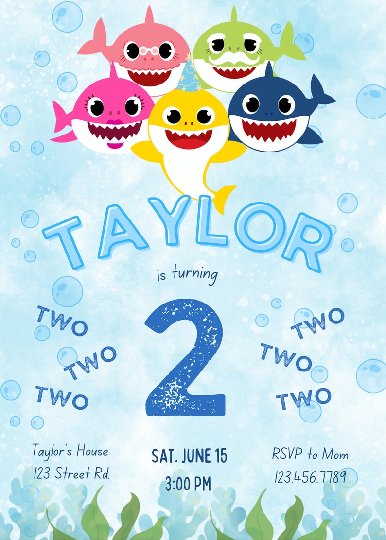 Shark is Turning Two Two Two Invitation Template, Birthday Invitation ...