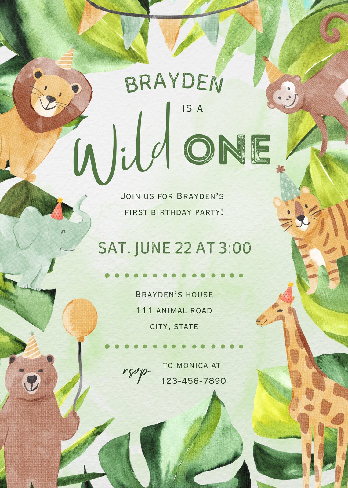 Wild ONE Animal Theme First Birthday Party Invitation Template Download ...