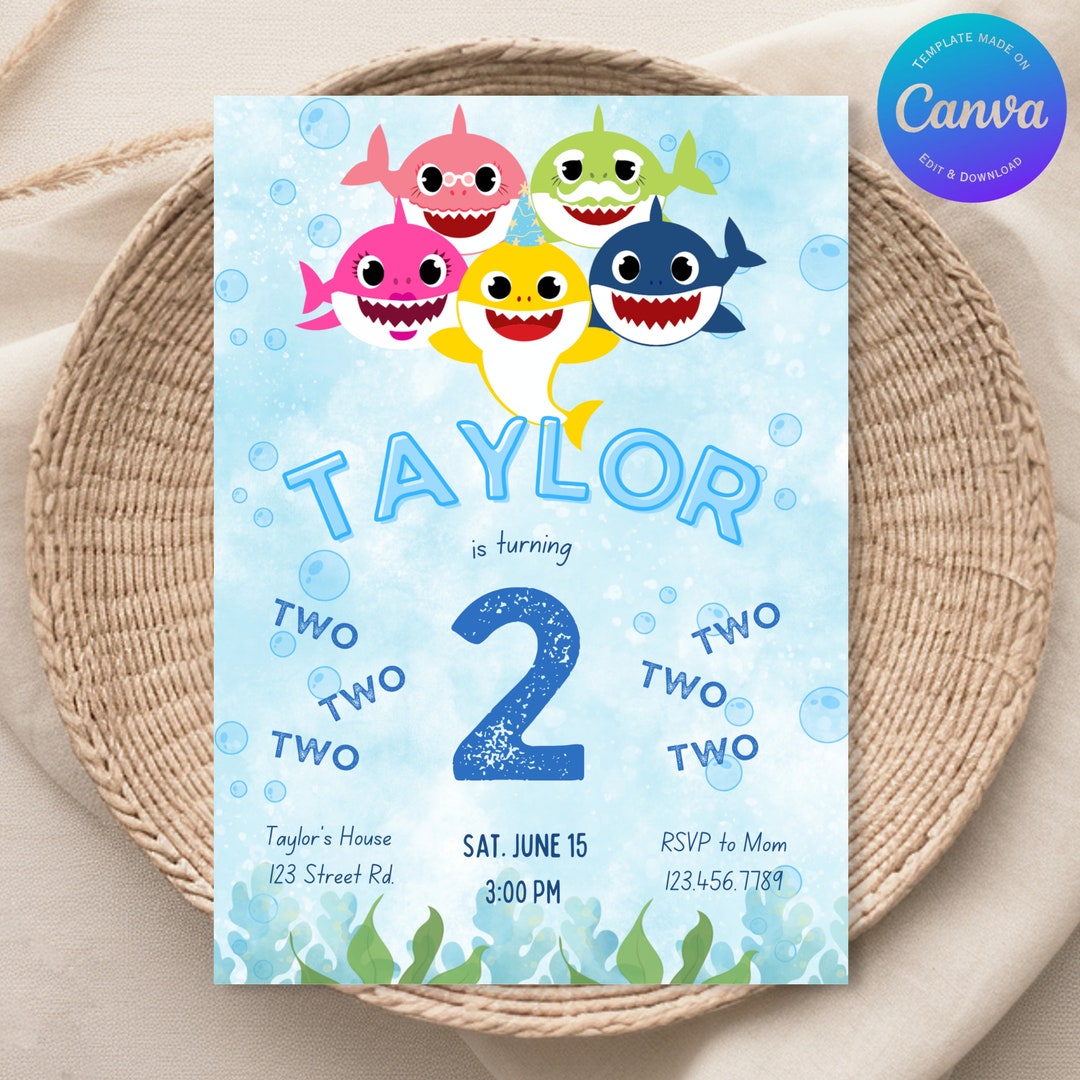 Shark is Turning Two Two Two Invitation Template, Birthday Invitation ...