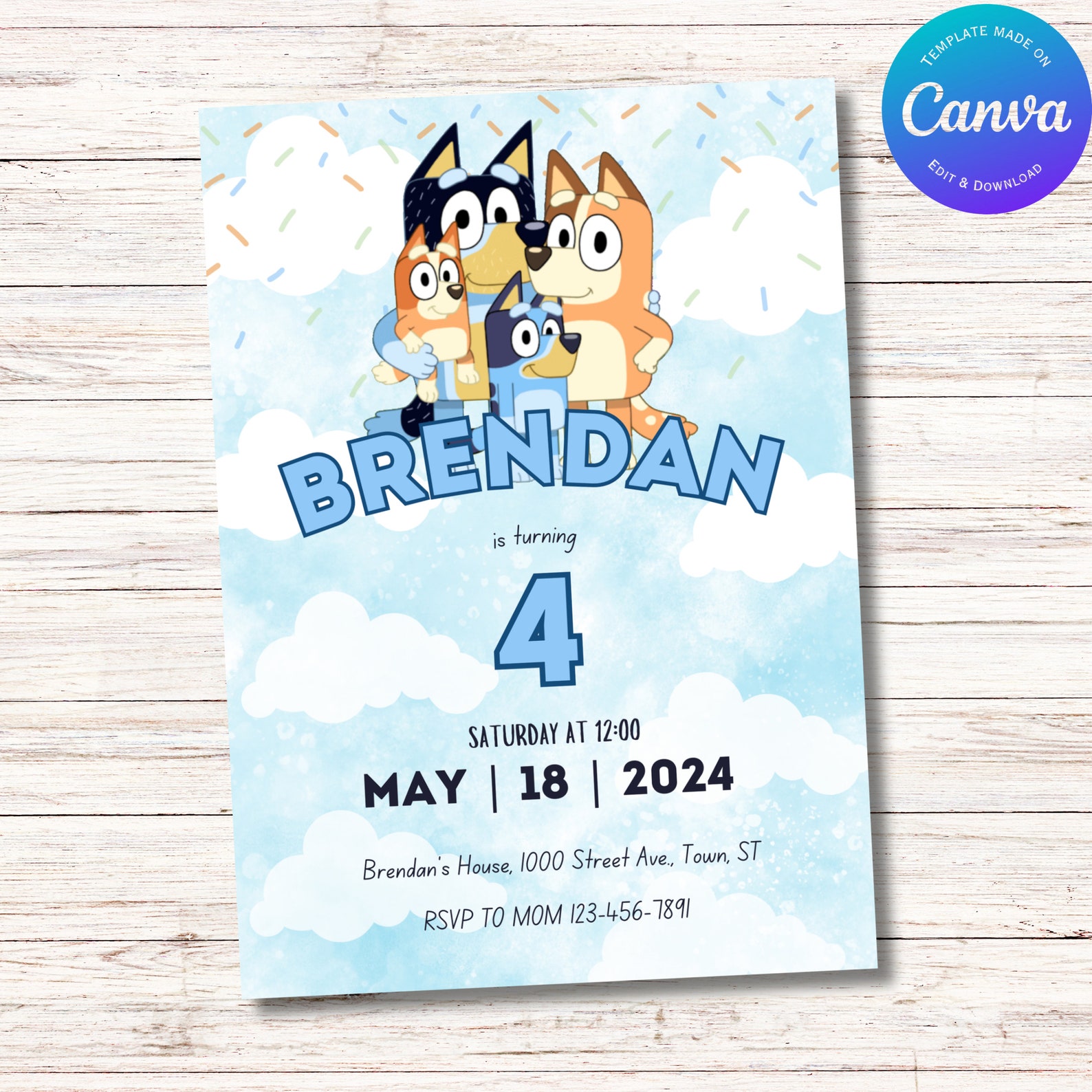 Bluey Clouds and Confetti Boys Birthday Invitation Template - Etsy Canada