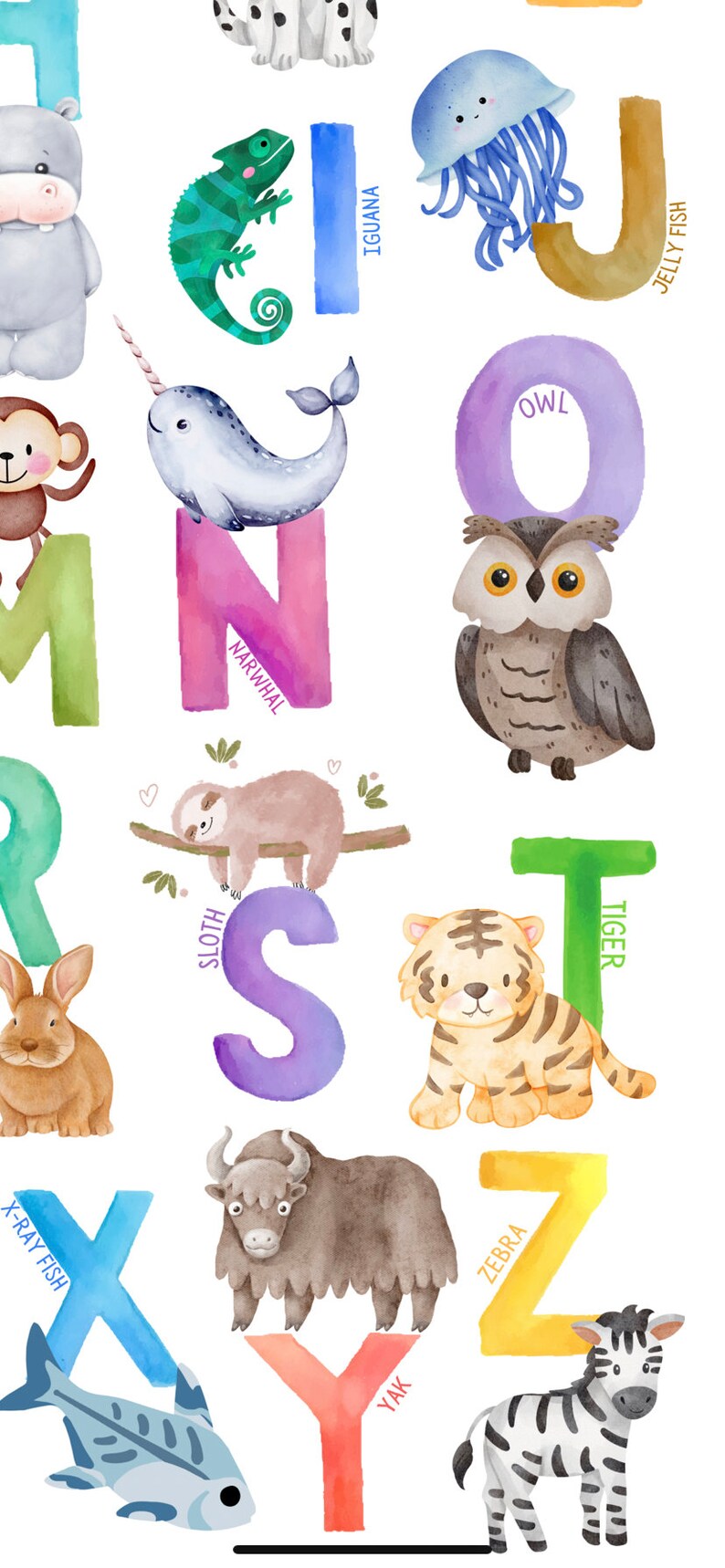 Colorful Watercolor Animal Alphabet Poster, Digital Art, Printable ...