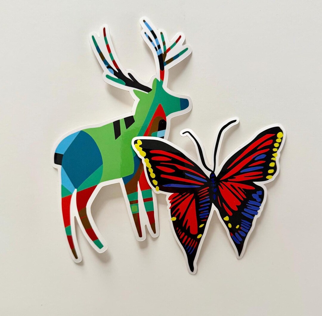 Colorful Stag and Butterfly Vinyl Stickers: Re-positionable Wildlife ...