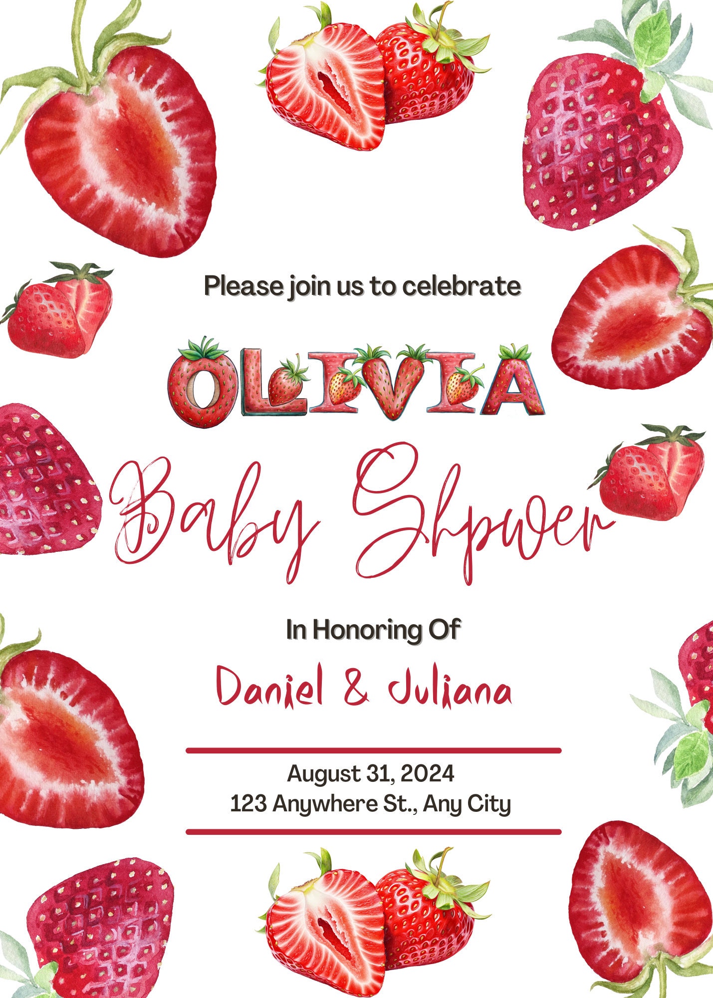 Strawberry Baby Shower Invitation Template: Berry Sweet Theme (5x7 ...