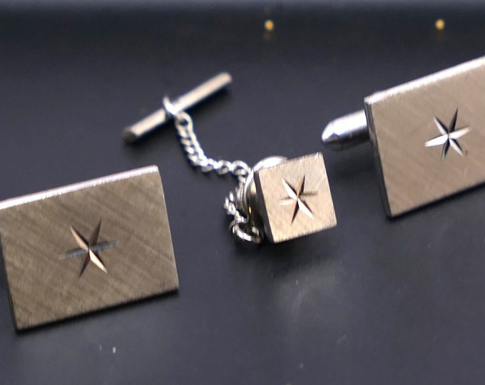 Swank Square Etched Starburst Design Tie Pin and Cufflinks Set Silver ...