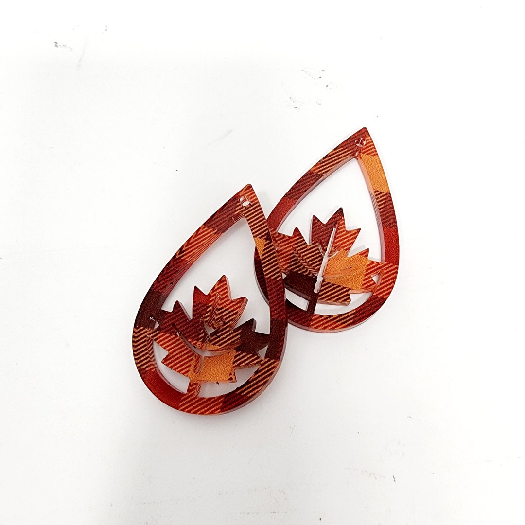 Fall Leaf Buffalo Plaid Orange Tear Drop Acrylic Earring Components ...