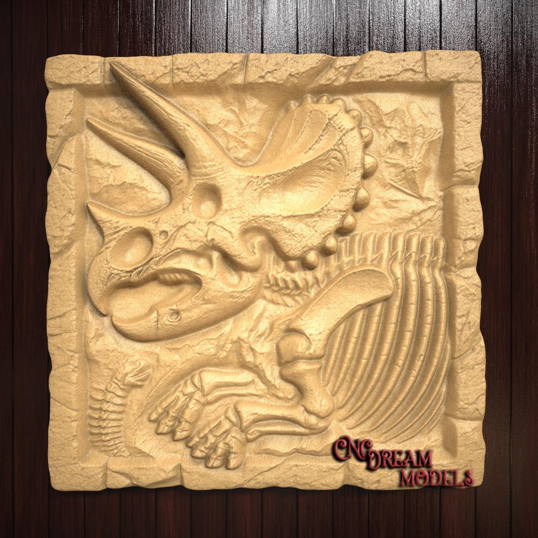 Triceratops Dinosaur Fossil Wall Art 3D Relief CNC Router Carving File ...
