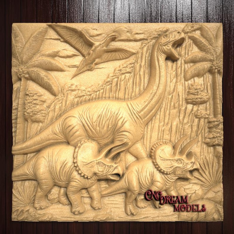 Dinosaur Scene 3D Relief STL File for CNC Router Carving or 3D Resin ...