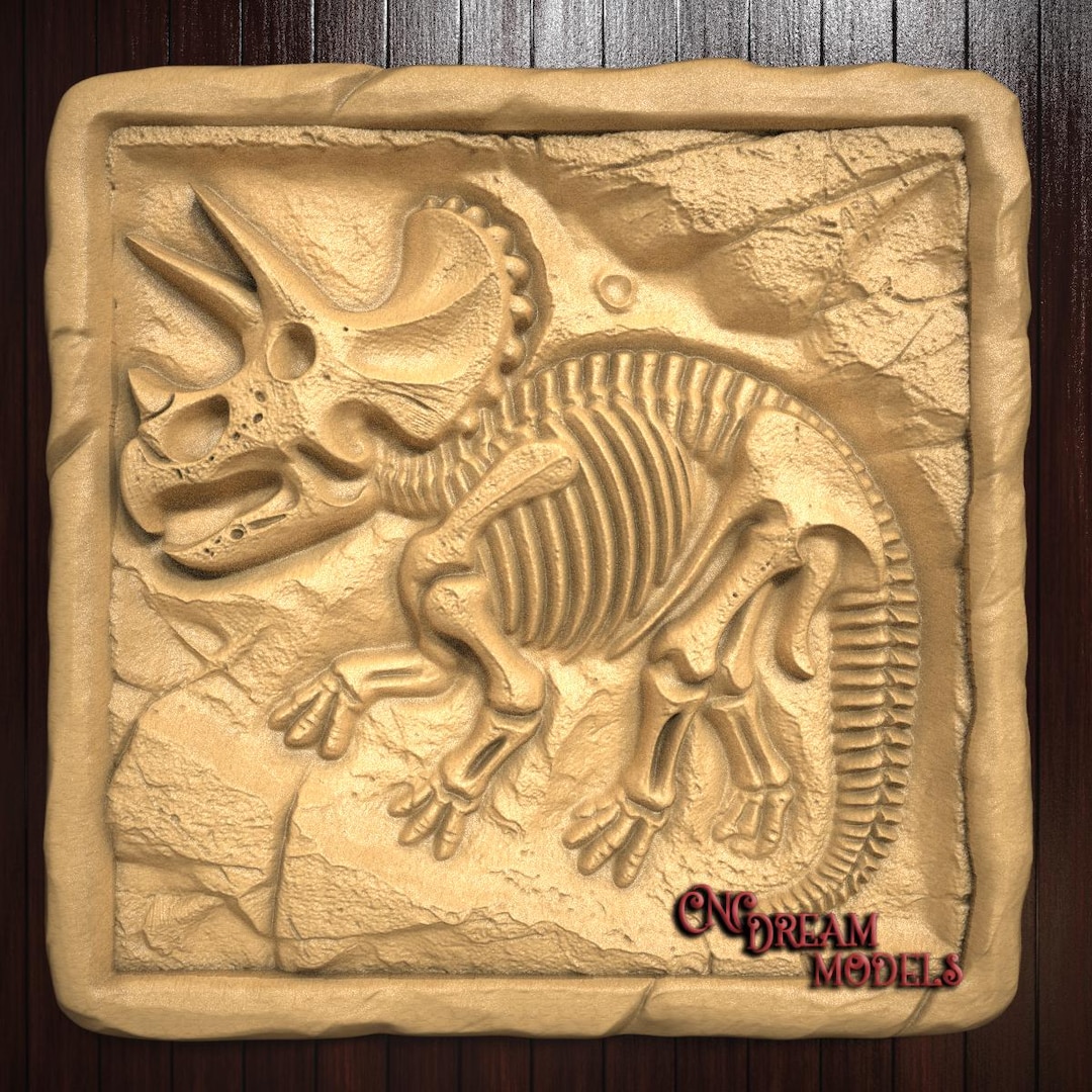 Triceratops Dinosaur Fossil Wall Art 3D Relief CNC Router Carving File ...