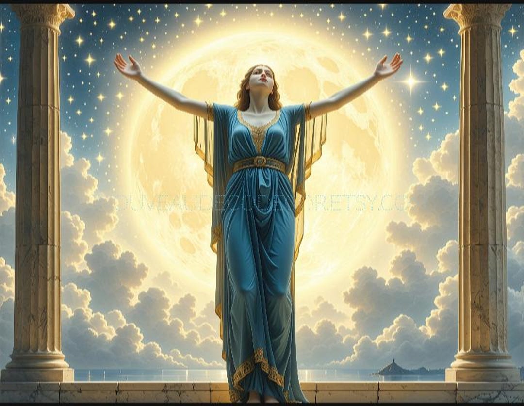 Greek Goddess Eos Art Print: Aegean Temple, Full Moon, Mythology Poster ...