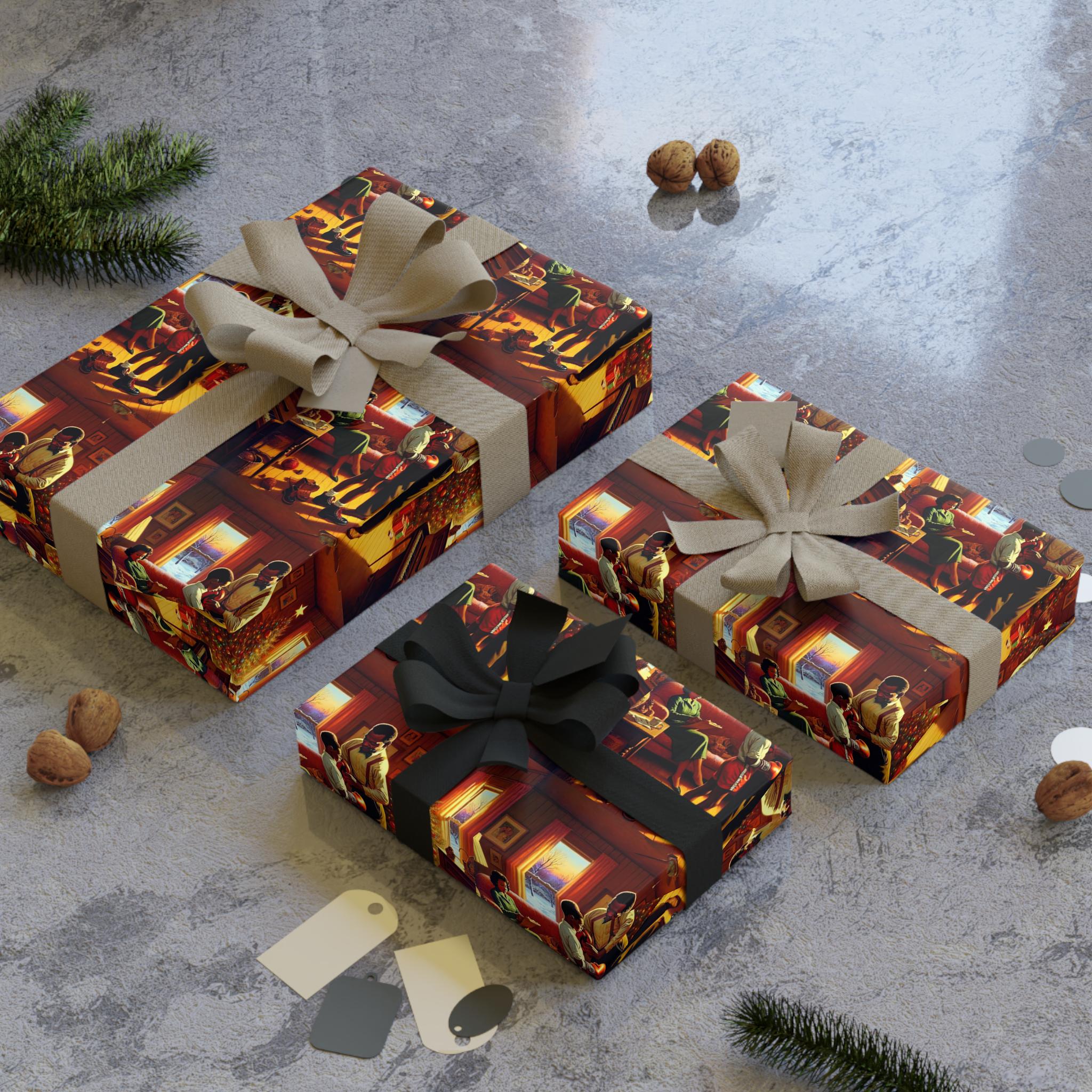 Black Family Christmas Wrapping Paper With Warm Nostalgic Holiday Scene ...