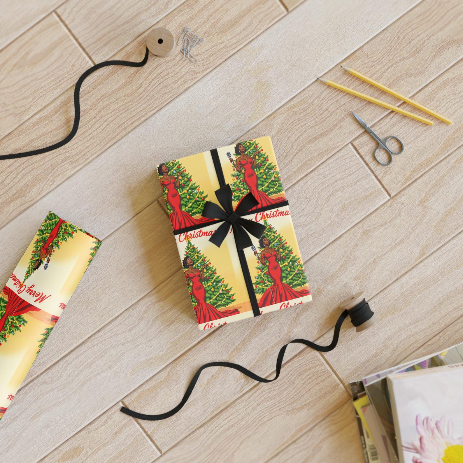 Retro Black Singer Christmas Wrapping Paper, Mid-century Holiday Style ...