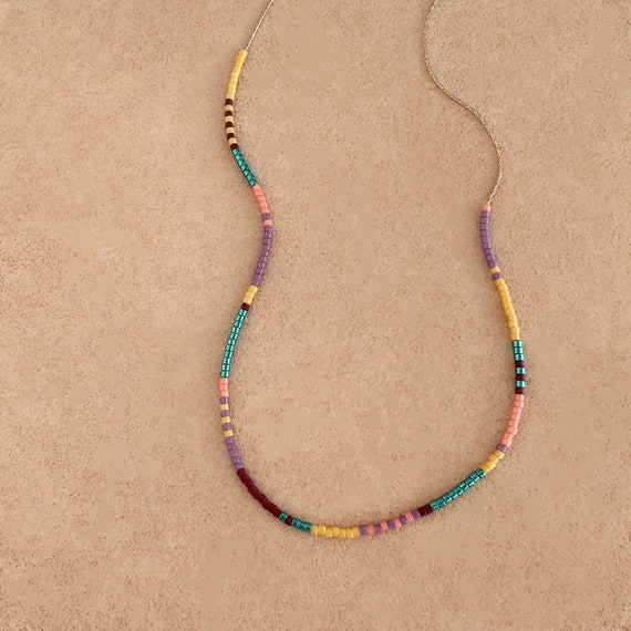 Gold Dainty Boho Beaded Multicolor Necklace 18k Goldplated Green Yellow Purple Minimalist Chain Layering Necklace Colorful Summer Jewelry Etsy