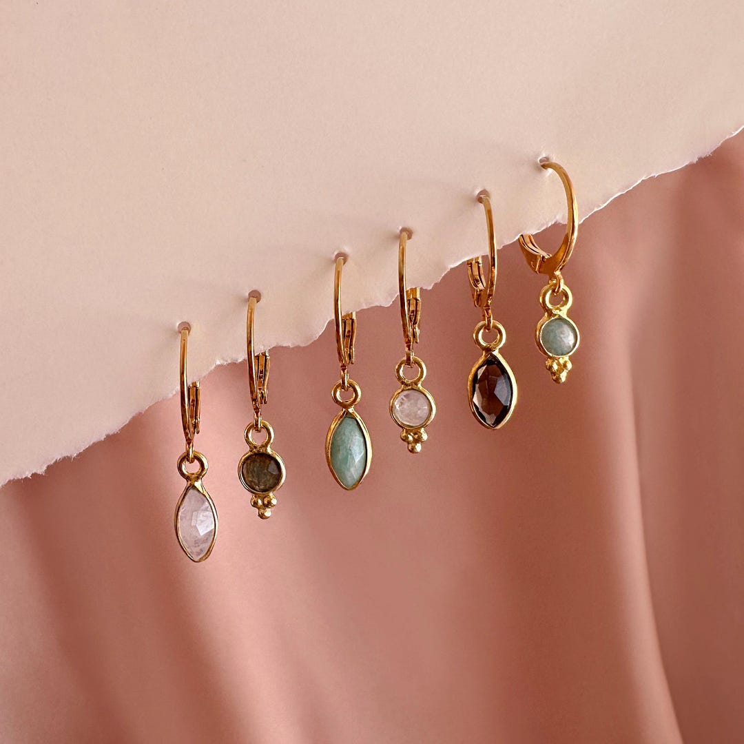Boho Gemstone Hoops, Gold Green White Grey or Brown Birthstone Charm ...