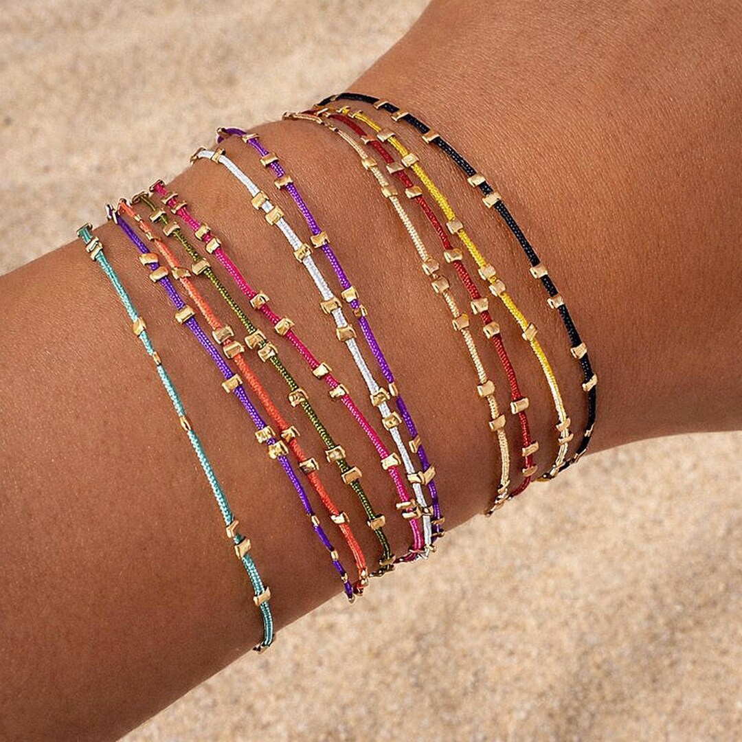 Thin Minimalist Thread Bracelet, Navy Coral Purple Green Gold String ...