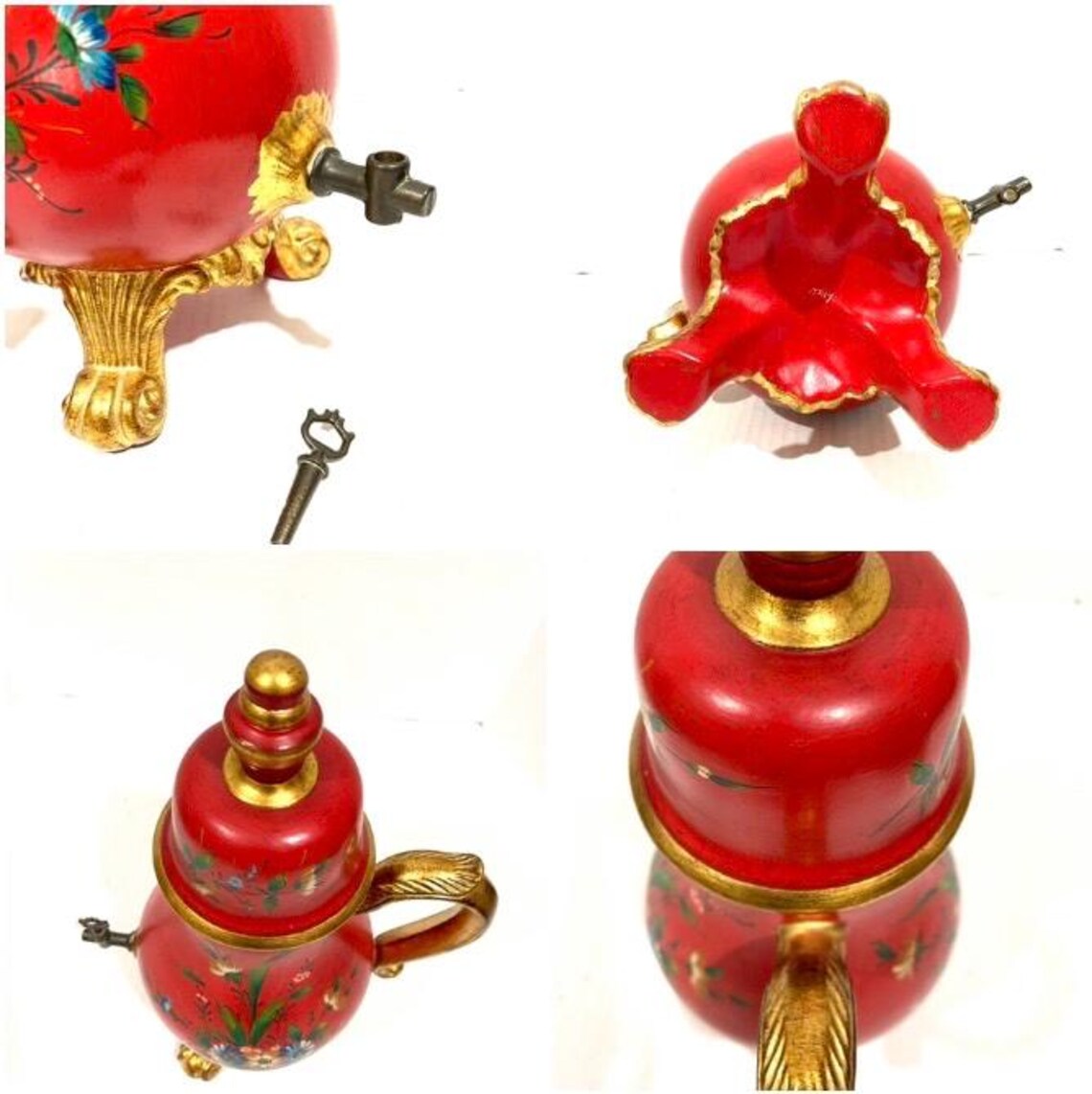 Vintage Italy Teapot Hand Painted Porcelain Red Flowers Footed ...
