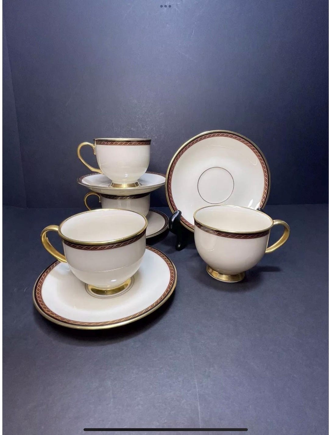 Lenox MONROE Pattern Footed Tea Cups & Saucers Set of 4 Gold Trim ...