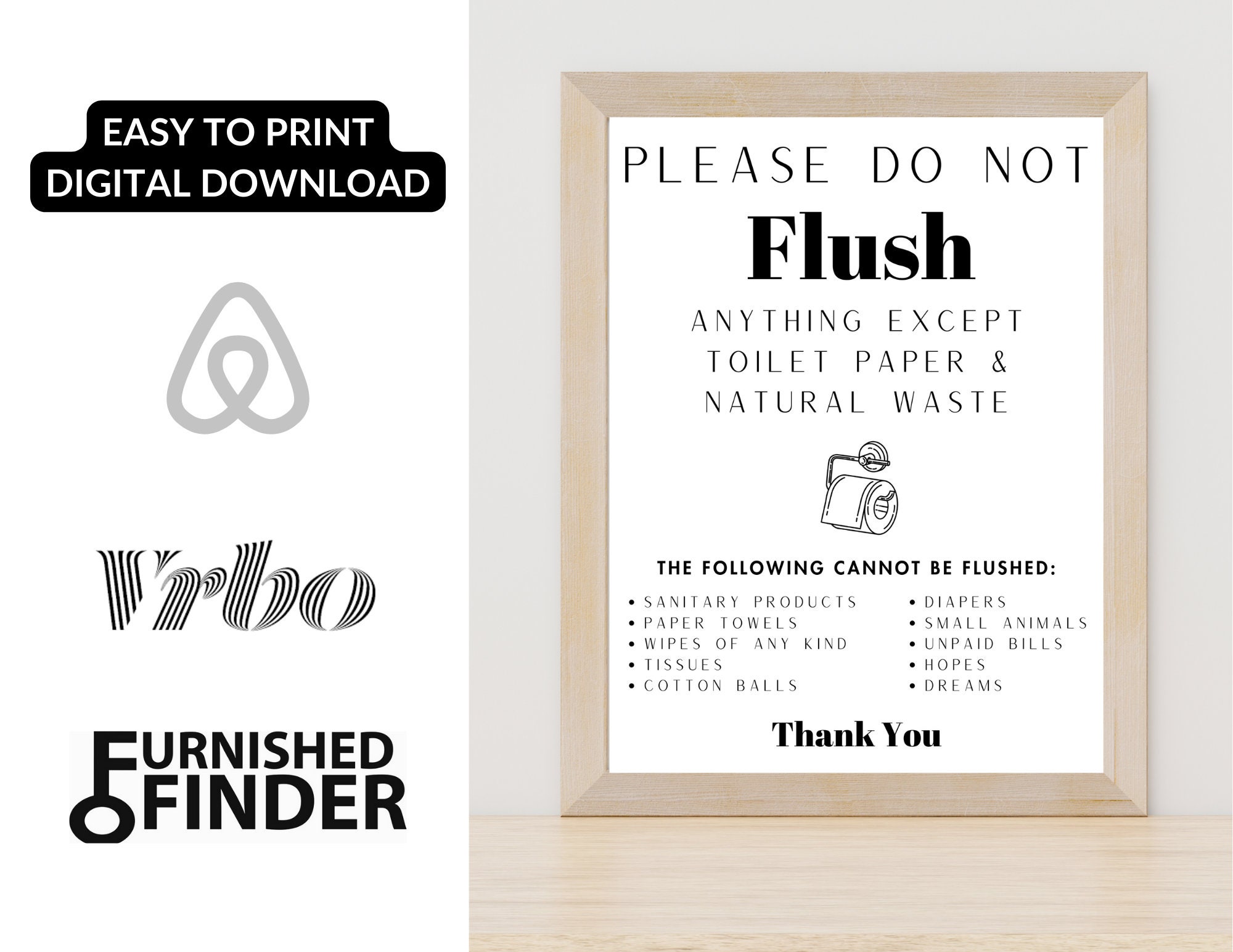 Airbnb Bathroom Sign | Flush Only Toilet Paper | Printable Bathroom ...