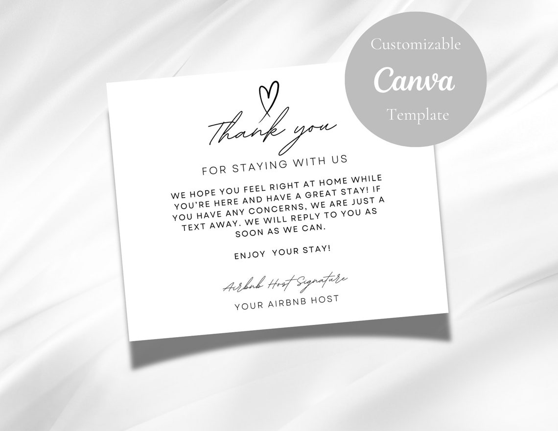 Airbnb Host Thank You Card Template: Editable Welcome Card (canva) - Etsy