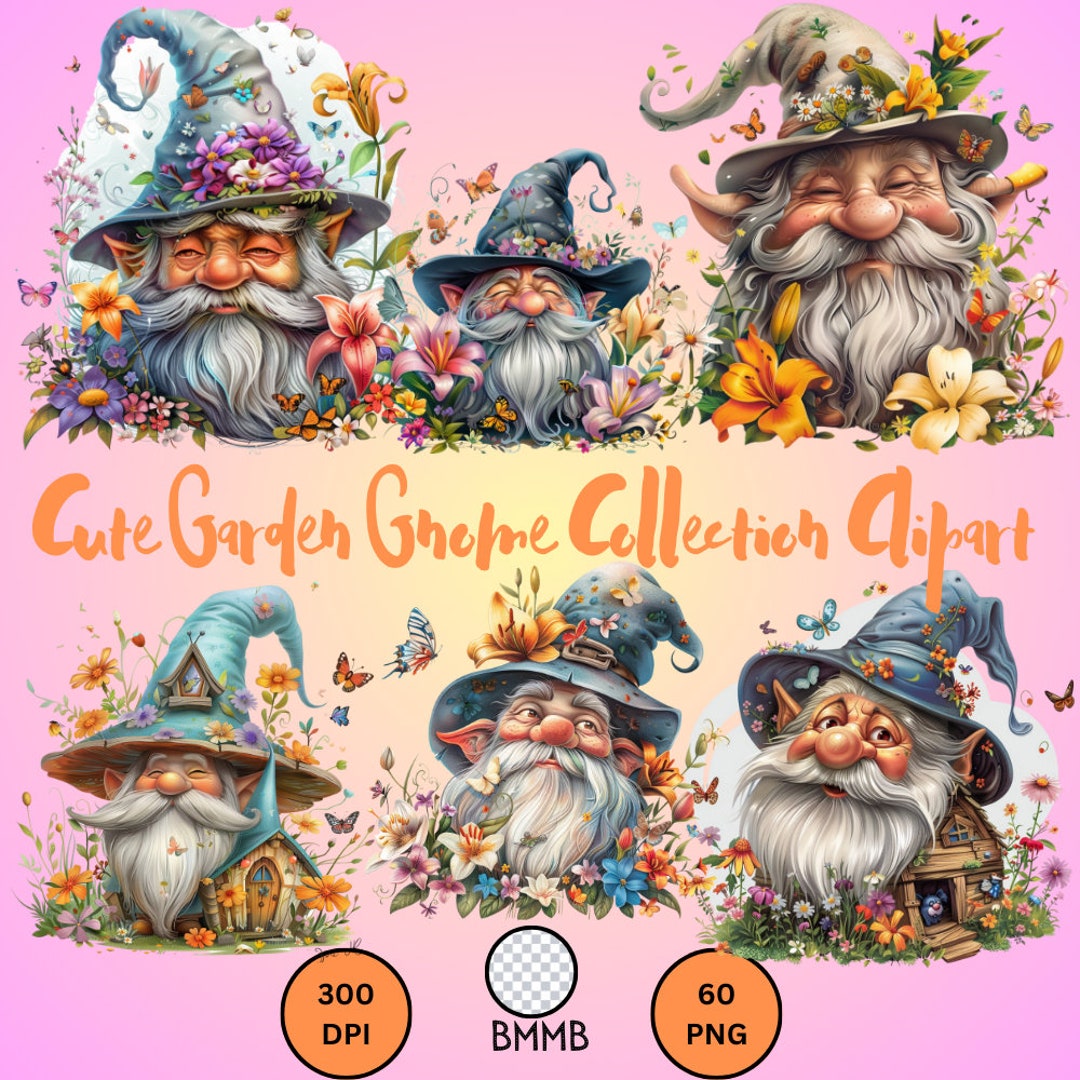 Cute Gnomes Clipart Watercolor, Adorable Gnome Illustrations 60 PNG ...