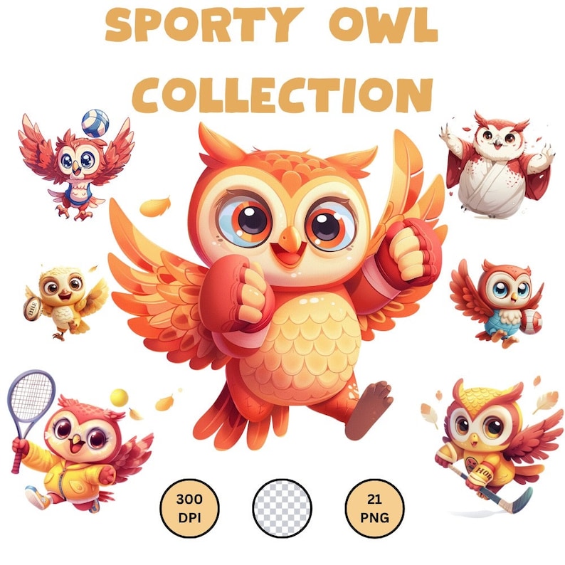Sporty Owl Clipart Bundle, Watercolor Owl Collection, Digital Download ...