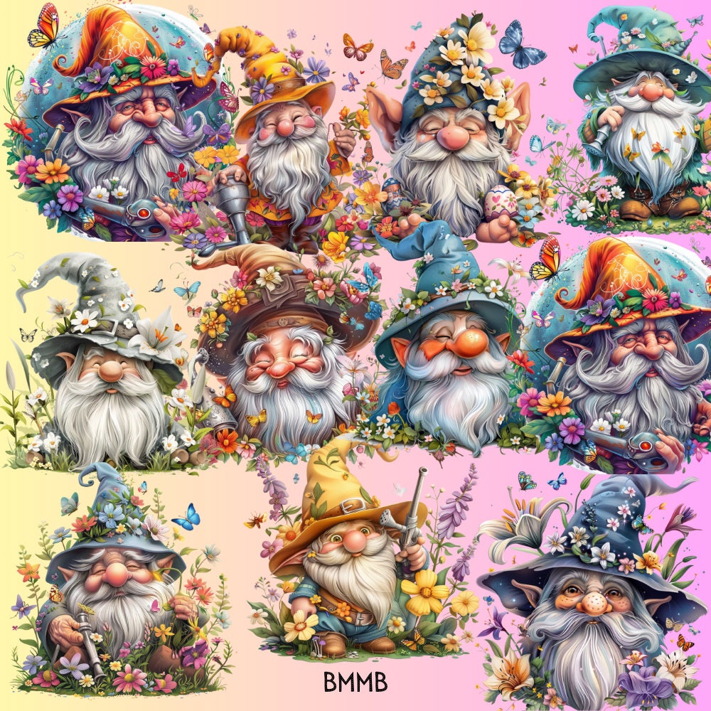 Cute Gnomes Garden Watercolor Collection Clipart, 59 PNG 300DPI Cute ...