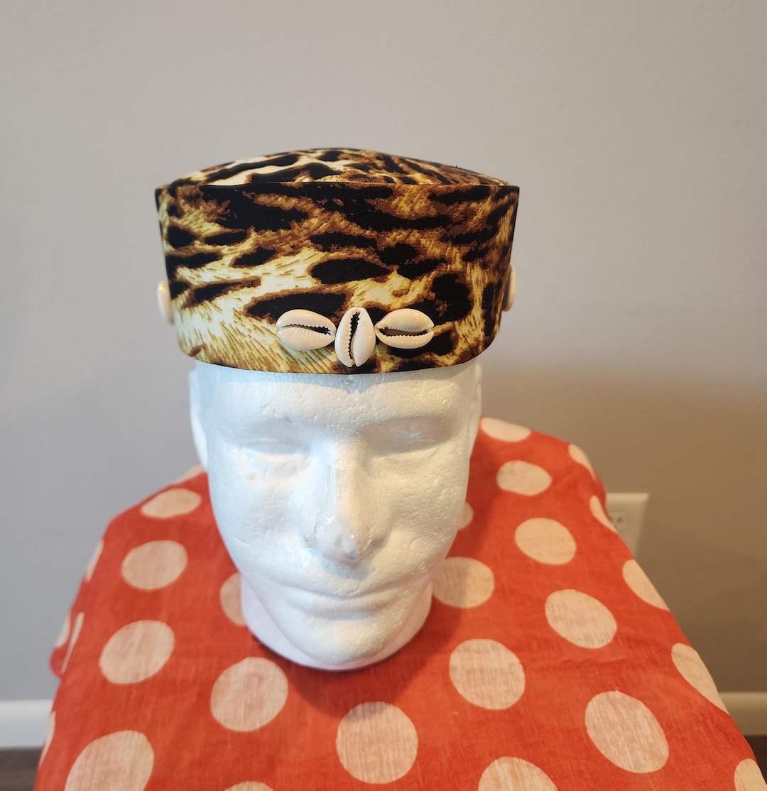 Handmade Leopard Print Mobutu Hat: Traditional African Chief Cowrie Cap ...