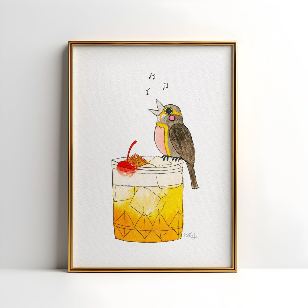 Bird and Drink Print - Bar Cart Art - Amaretto Sour Cocktail Painting ...