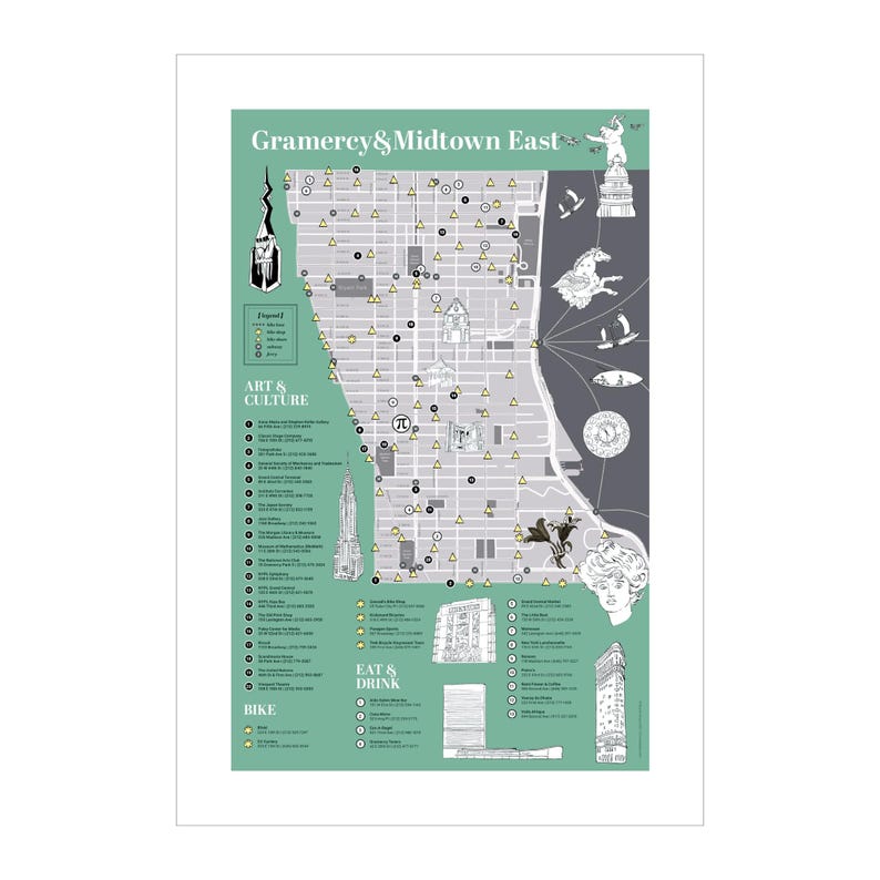 Gramercy & Midtown East NYC Neighborhood Bike Map Hand-illustrated Art ...