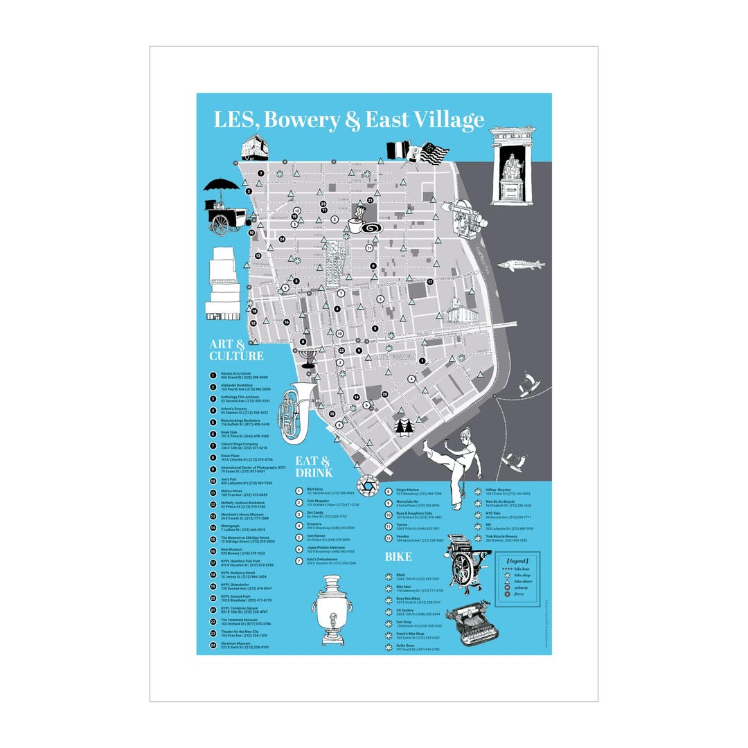 Lower East Side & Bowery Map Wall Art Print – NYC Bike Map Poster ...