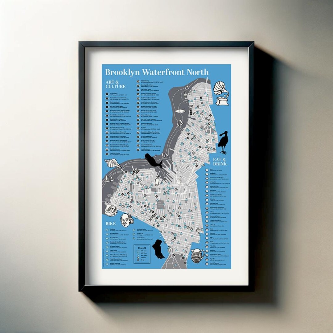 Brooklyn Waterfront North Map Wall Art Print – NYC Bike Route Poster ...