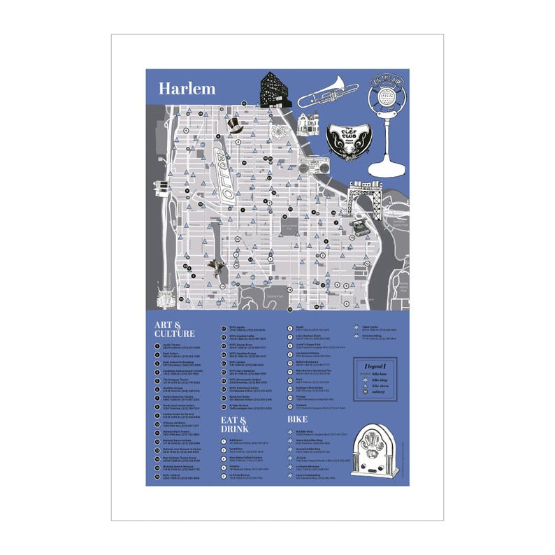Harlem Map Wall Art Print – NYC Cycling Route, Harlem Neighborhood Wall ...