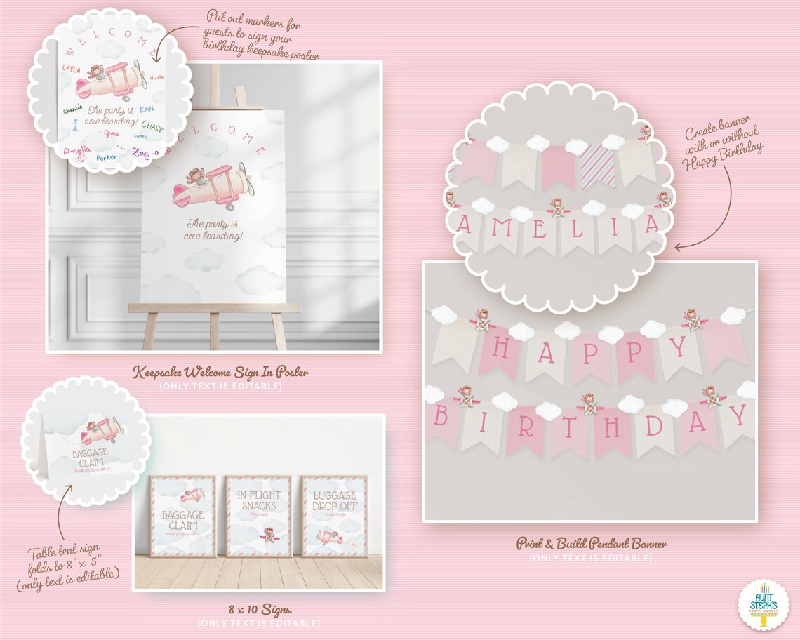 First Flight Party Bundle | Girl 1st Birthday Party Bundle | Editable ...