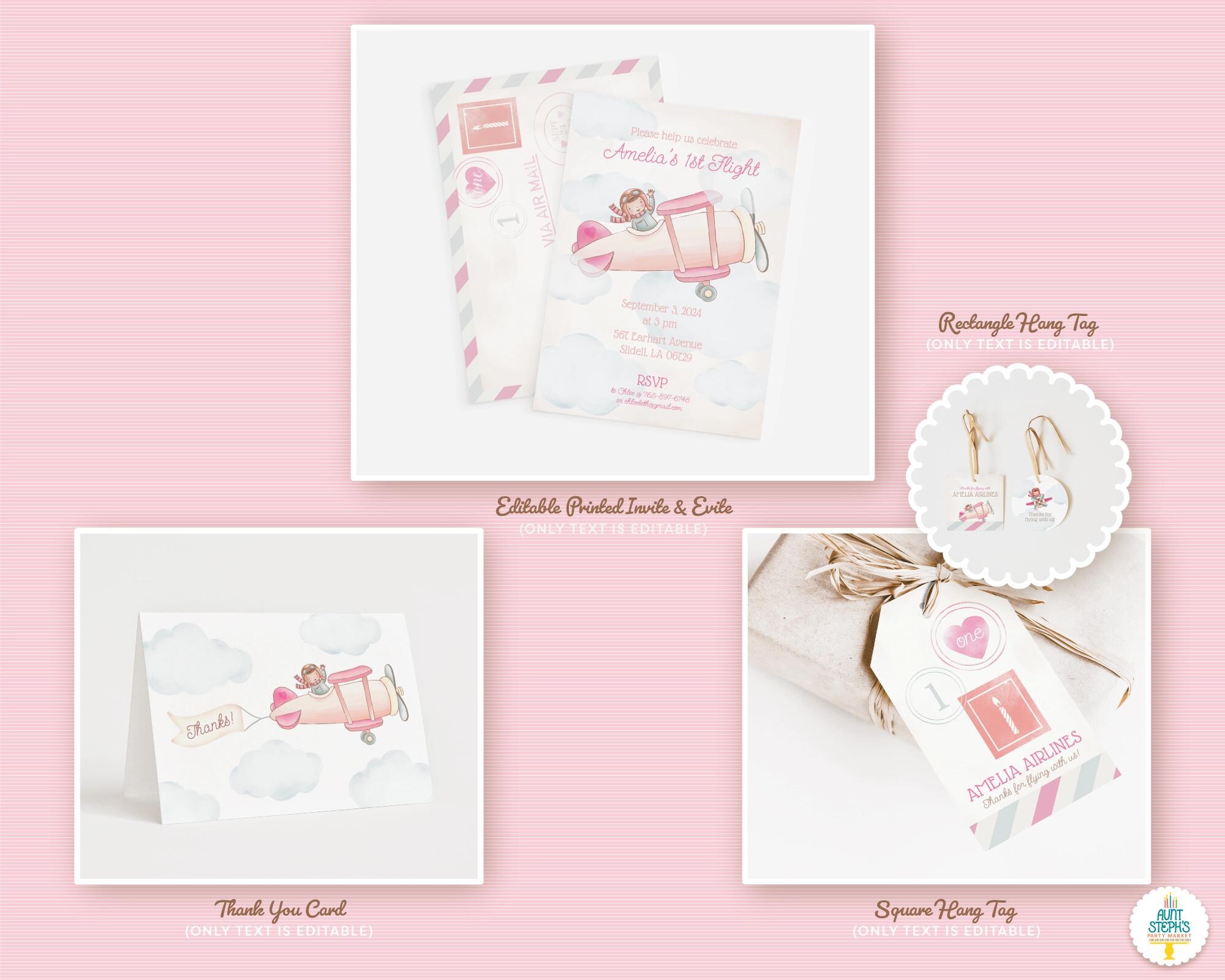 First Flight Party Bundle | Girl 1st Birthday Party Bundle | Editable ...